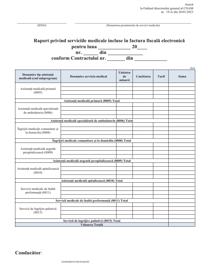 Formularul Raportului privind serviciile medicale incluse în factura ...